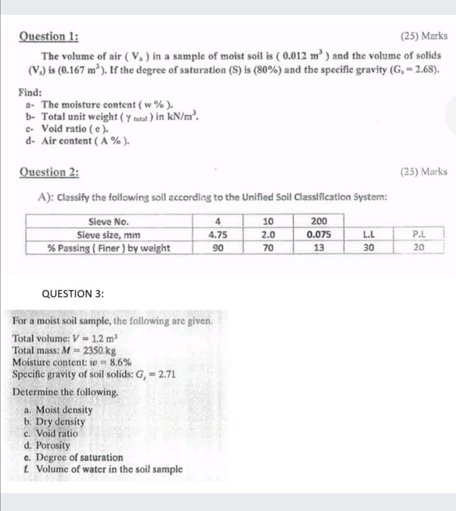 Solved Question 1: (25) Marks The volume of air (V.) in a | Chegg.com