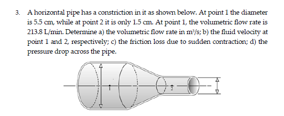 Solved 3. A horizontal pipe has a constriction in it as | Chegg.com