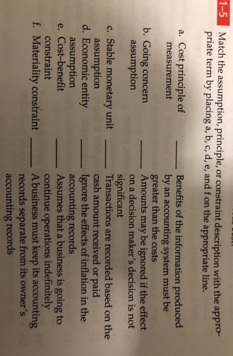 Solved 1-5 Match the assumption, principle, or constraint | Chegg.com
