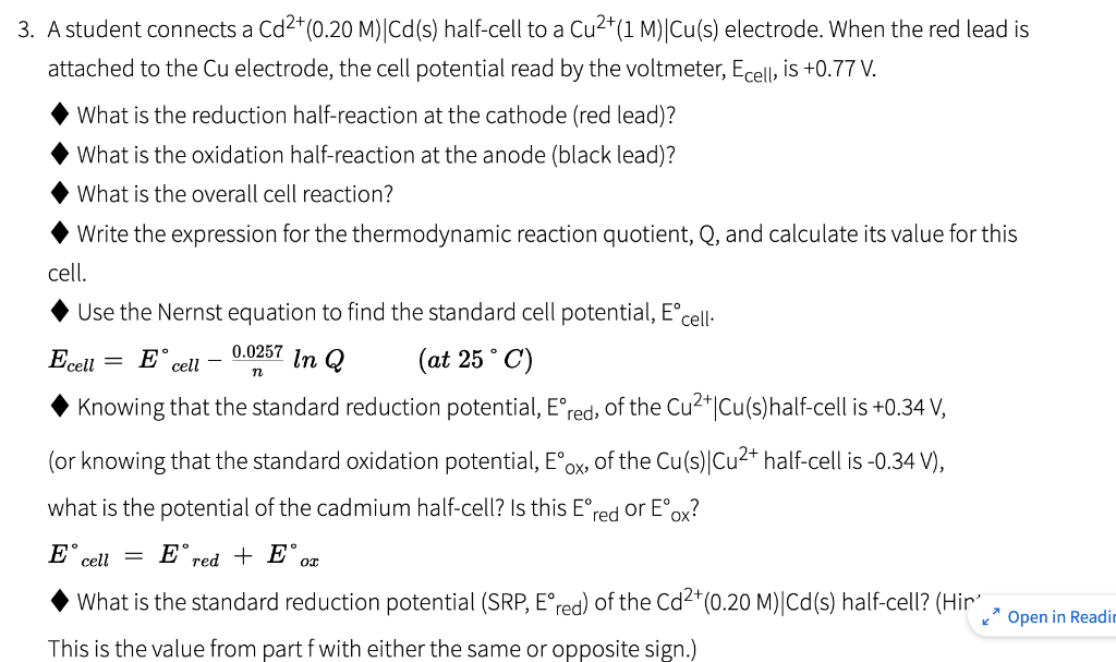 Solved 3. A student connects a Cd2+2(0.20M)∣Cd(s) half-cell | Chegg.com