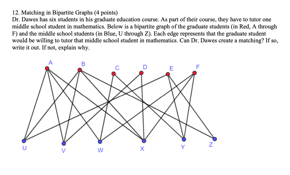 12. Matching in Bipartite Graphs (4 points) Dr. Dawes | Chegg.com