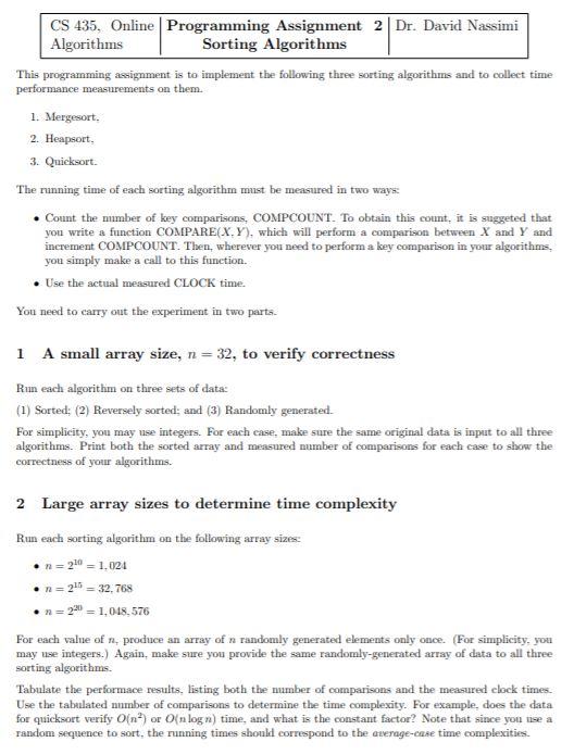 Solved CS 435. Online Programming Assignment 2 Dr. David | Chegg.com