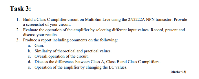 Solved Task 3: 1. Build a Class C amplifier circuit on | Chegg.com