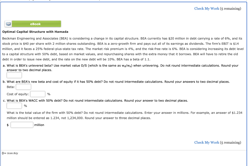 Solved Check My Work (5 remaining) eBook Optimal Capital | Chegg.com