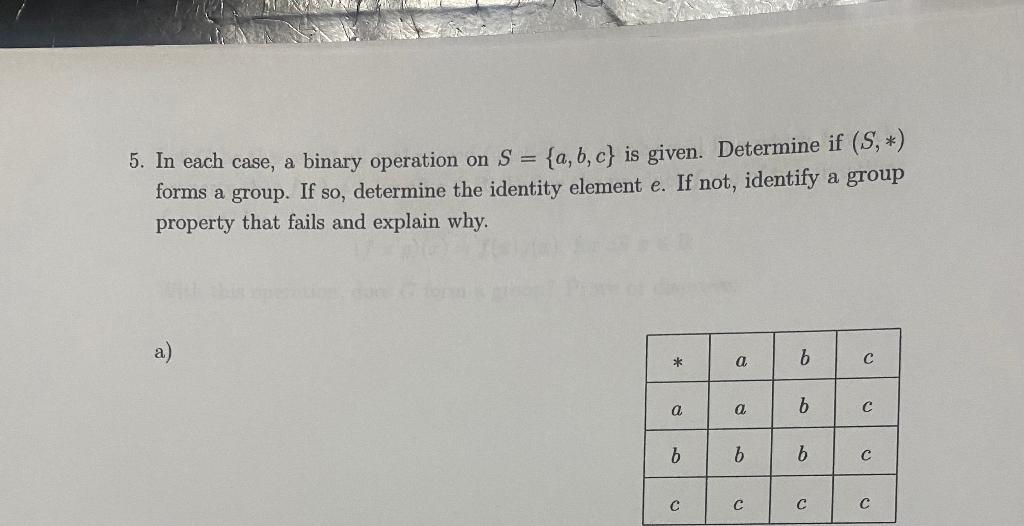 Solved 5. In each case, a binary operation on S={a,b,c} is | Chegg.com