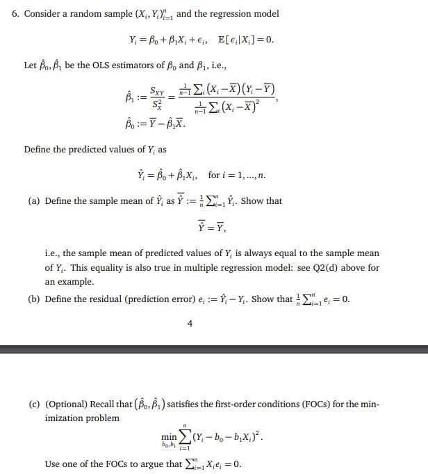 6. Consider a random sample (Xi,Yi)i=1n and the | Chegg.com