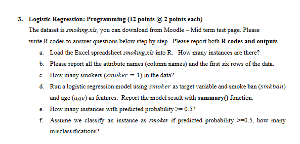 3. Logistic Regression: Programming (12 points @ 2 | Chegg.com
