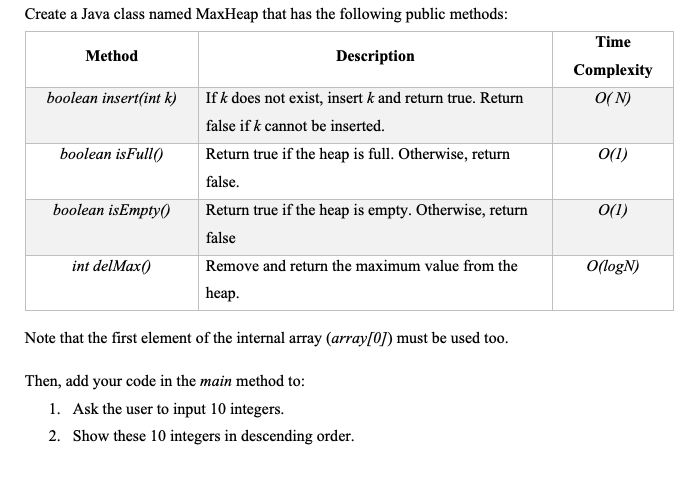Solved Create a Java class named MaxHeap that has the | Chegg.com