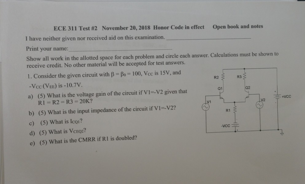 Solved ECE 311 Test #2 November 20, 2018 Honor Code in | Chegg.com