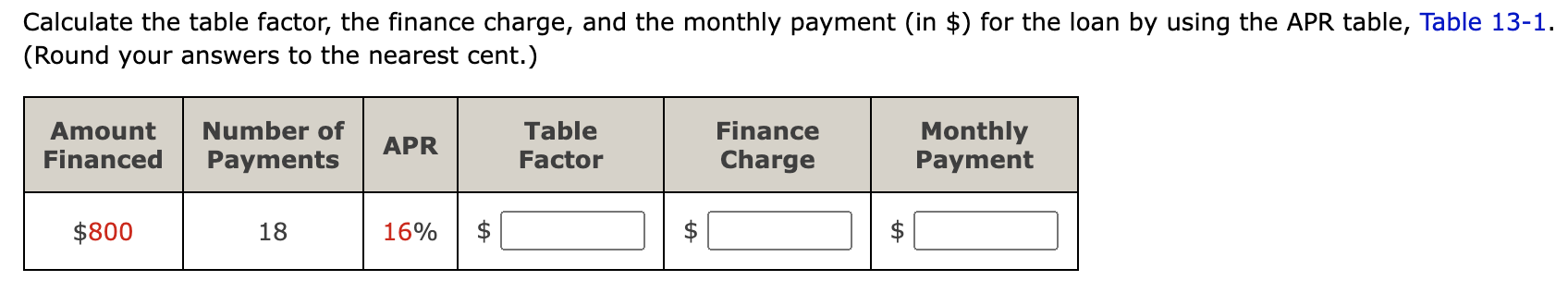 Solved Calculate the table factor, the finance charge, and | Chegg.com