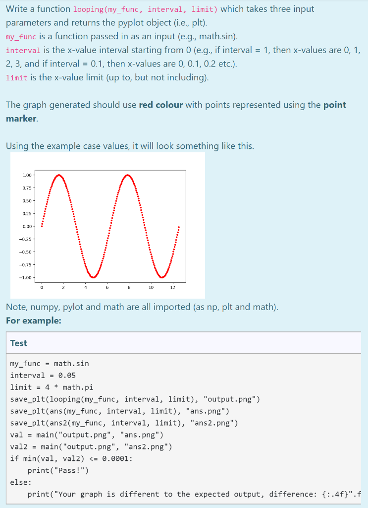 Solved Write a function looping(my_func, interval, limit) | Chegg.com