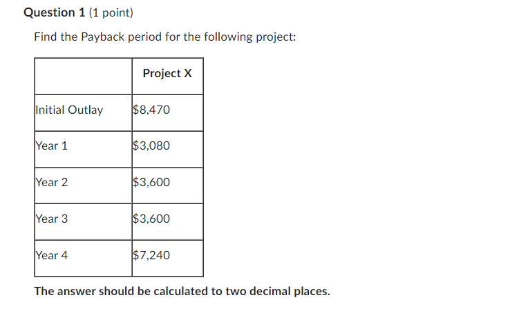 Solved Find the Payback period for the following project: | Chegg.com