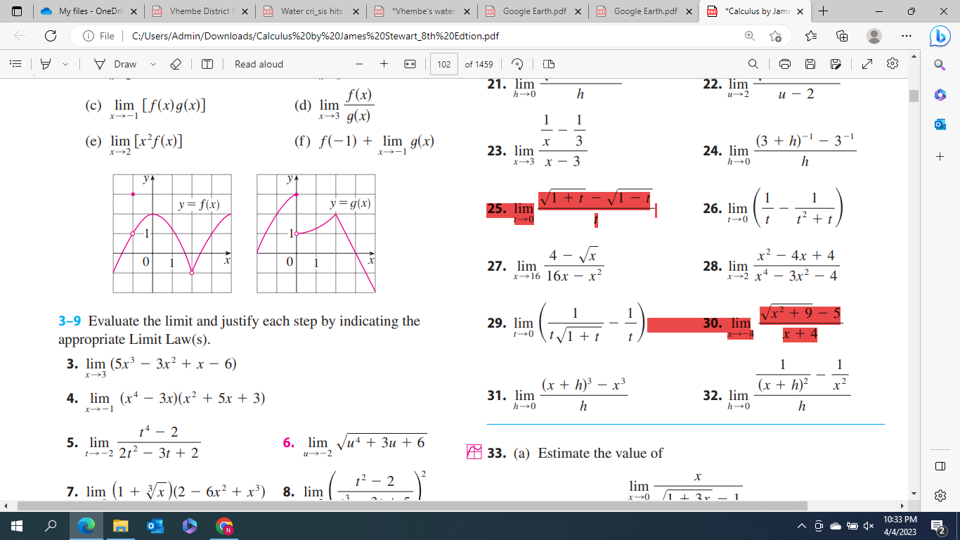 Solved (c) limx→−1[f(x)g(x)] (d) limx→3g(x)f(x) 21. limh→0h− | Chegg.com