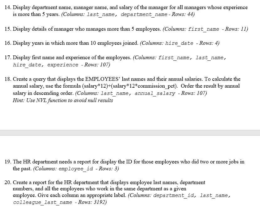 PART 1 (Oracle)14. Display department name, manager | Chegg.com