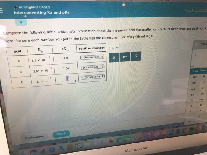 Solved O ACIDS AND BASES Interconverting Ka and pKa Complete | Chegg.com