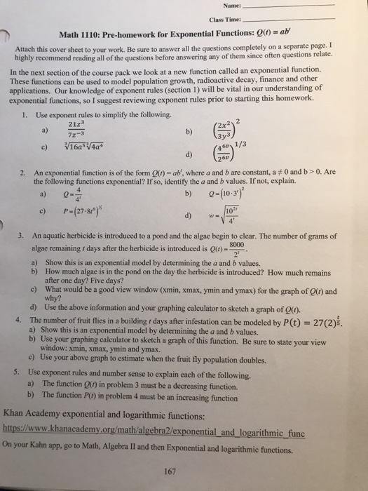 Solved Name Class Time Math 1110 Pre Homework For
