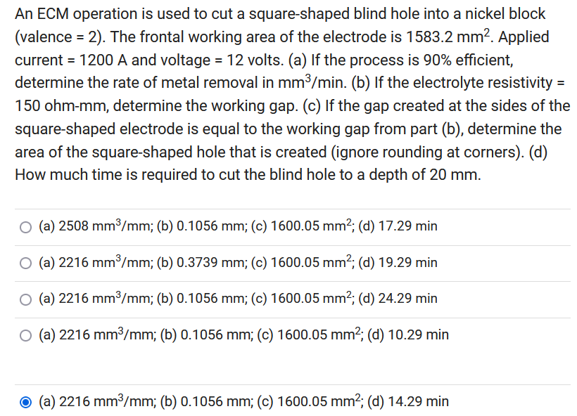 Solved = An ECM operation is used to cut a square-shaped | Chegg.com