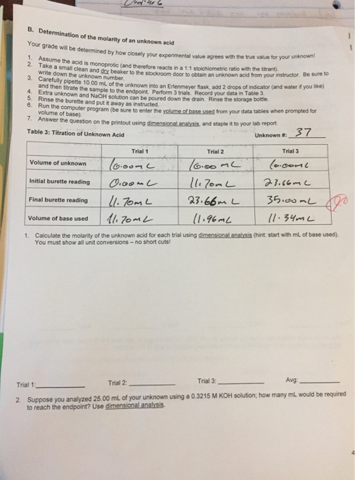 Solved Determination of the molarity of an unknown acid | Chegg.com