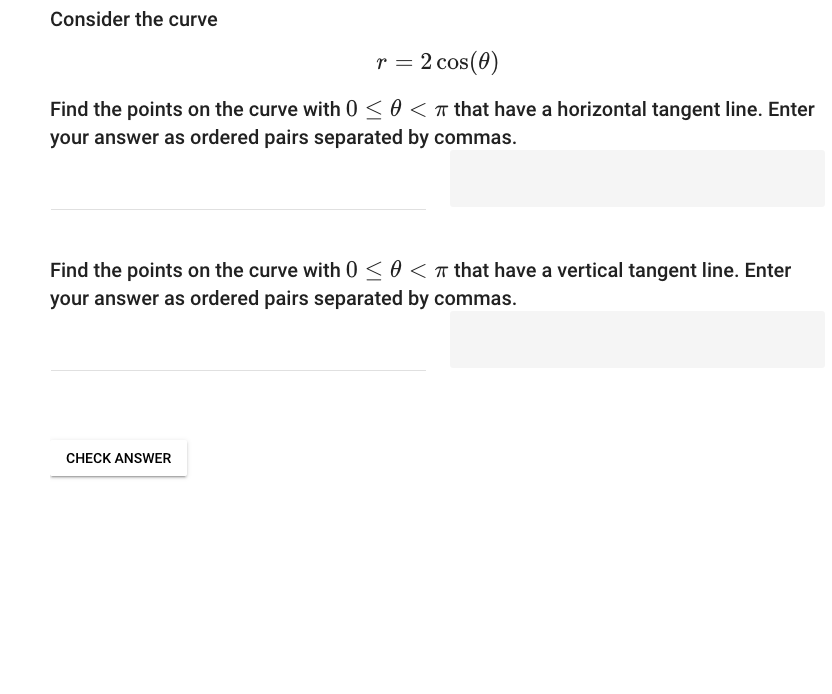 Solved Consider the curve r=2cos(θ) Find the points on the | Chegg.com