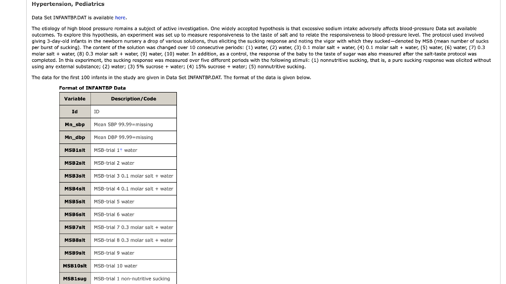 Solved Hypertension, Pediatrics Data Set INFANTBP.DAT is | Chegg.com
