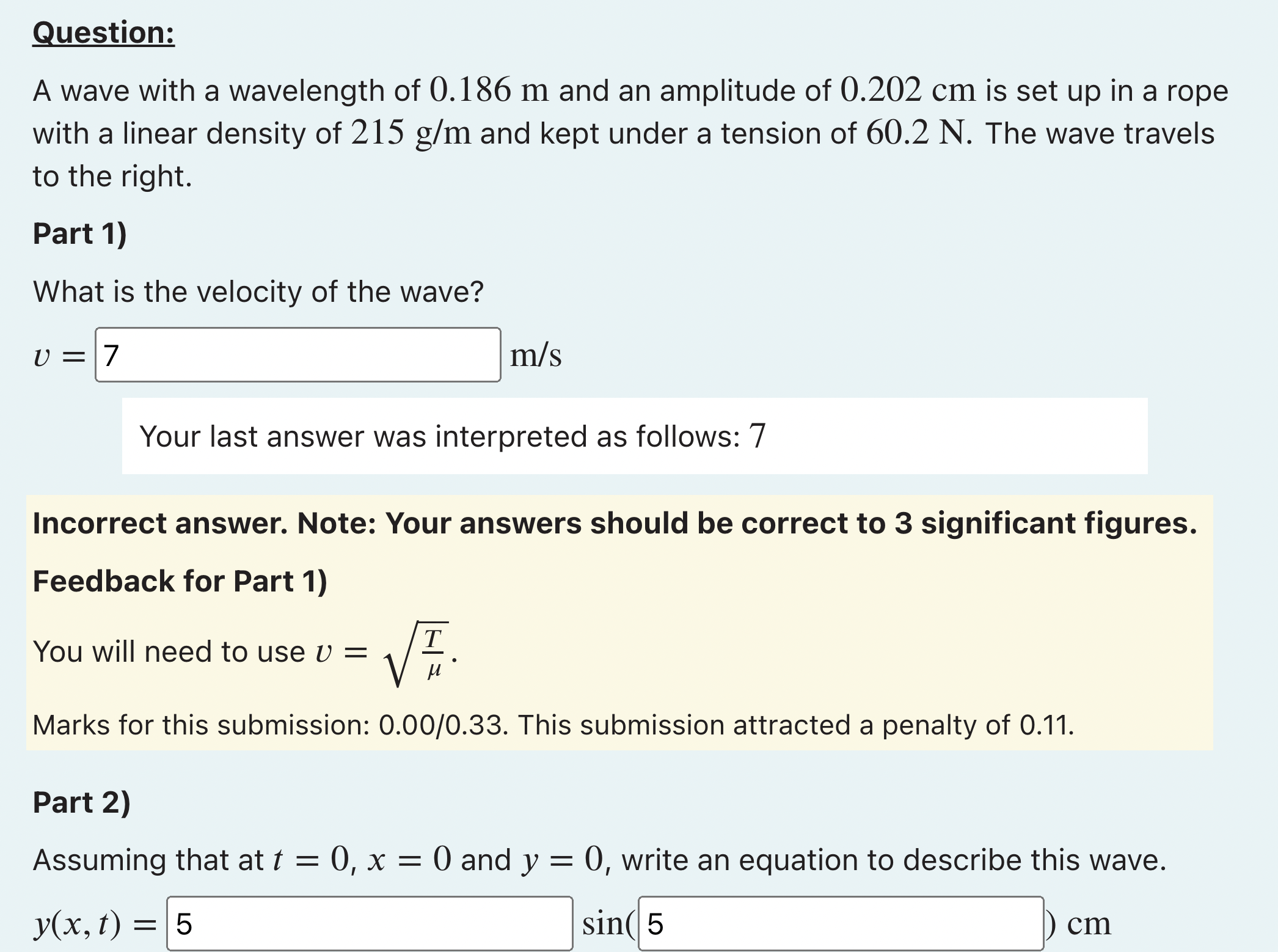 Solved A wave with a wavelength of 0.186 m and an amplitude | Chegg.com