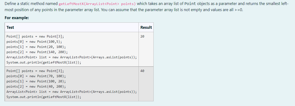 Solved Define a static method named getLeftMostX(ArrayList | Chegg.com