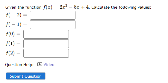 Solved Given the function f(x) = 2x2 – 8x + 4. Calculate the | Chegg.com