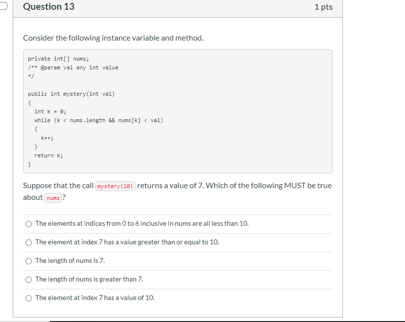 Solved Question 13 1 pts Consider the following instance | Chegg.com