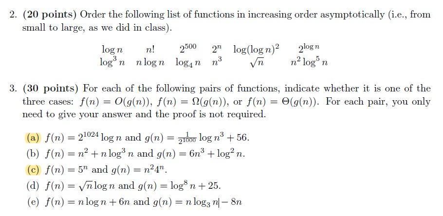 Solved 2. (20 points) Order the following list of functions | Chegg.com