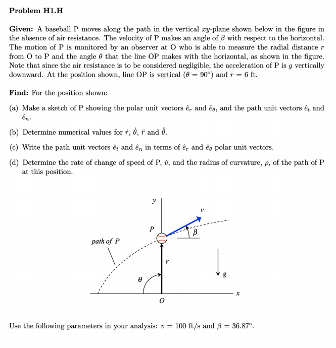 Problem H1.H Given: A baseball P moves along the path | Chegg.com