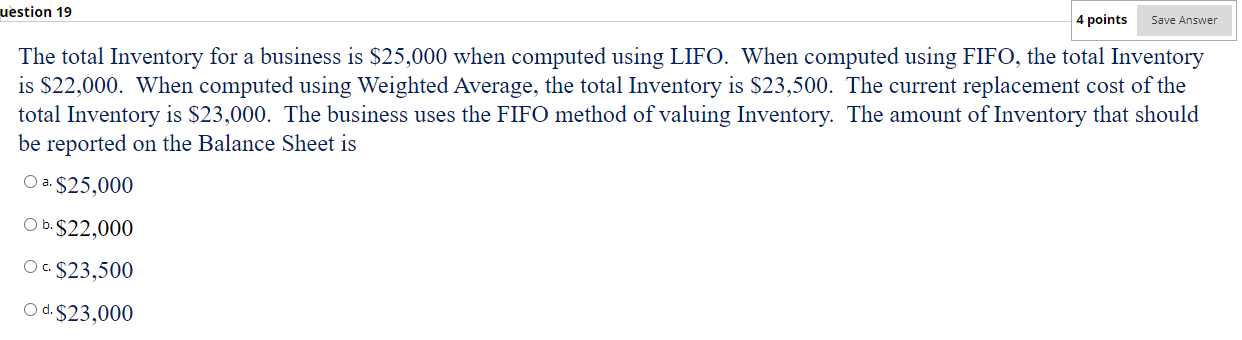 Solved 4 points Save Answer The total Inventory for a | Chegg.com