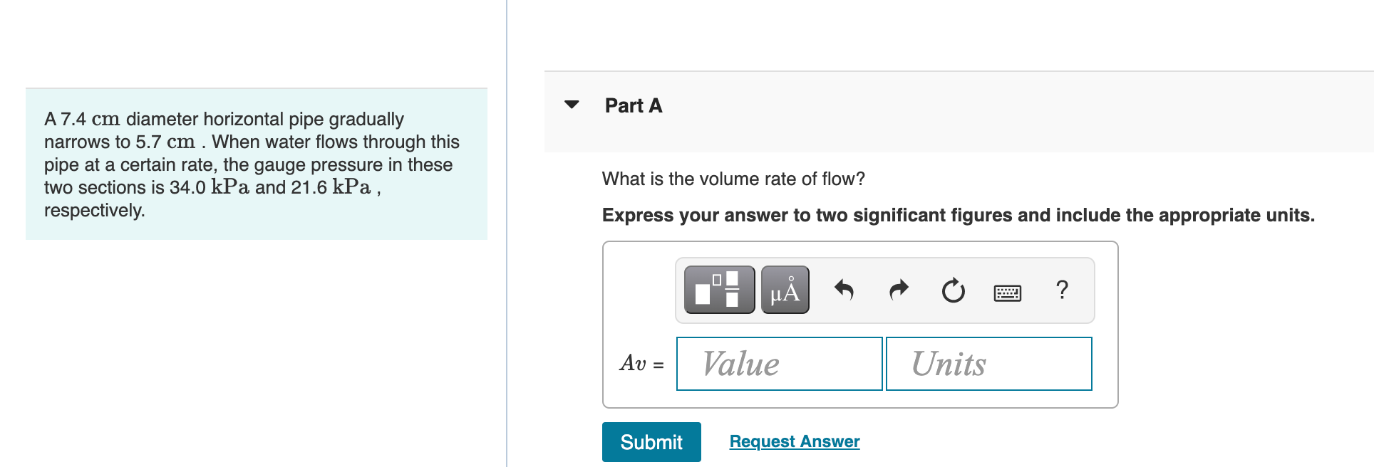 Solved A 7.4 cm diameter horizontal pipe gradually narrows | Chegg.com