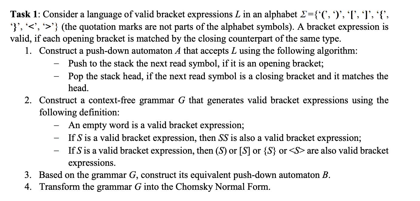 Task 1: Consider a language of valid bracket | Chegg.com