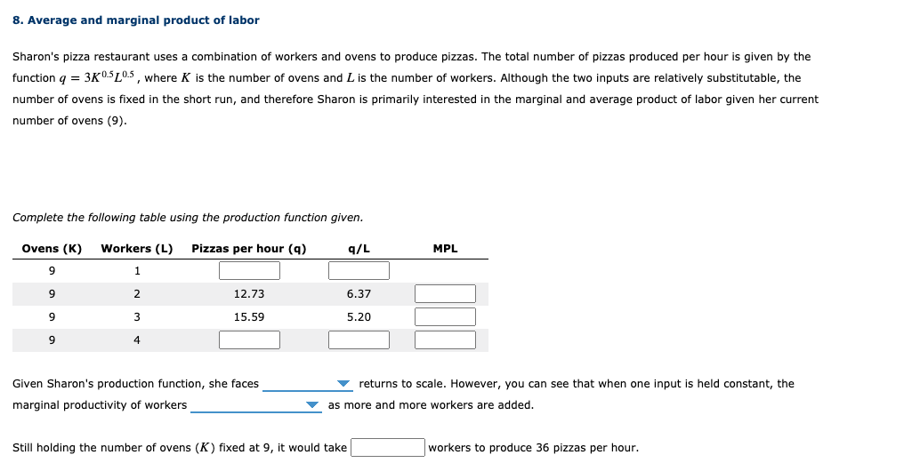 Solved 8. Average and marginal product of labor Sharon's | Chegg.com
