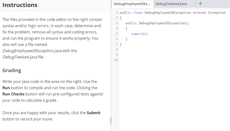 Solved DebugEmployeelDEx... Instructions DebugTwelve4.java 1 | Chegg.com