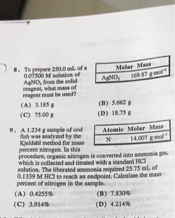 Solved Molar Mass AgNO, 169.87 g.mol 8. To prepare 250.0 mL | Chegg.com