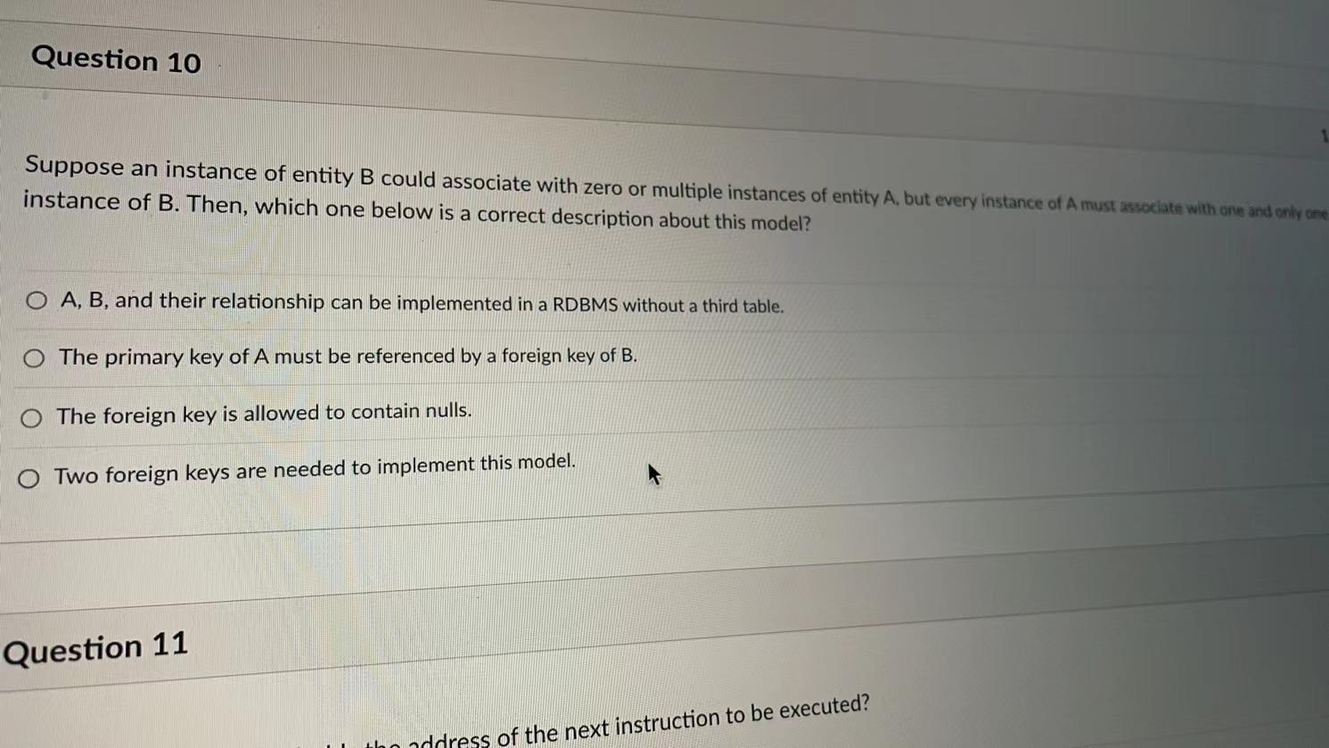 Solved Question 10 Suppose an instance of entity B could | Chegg.com
