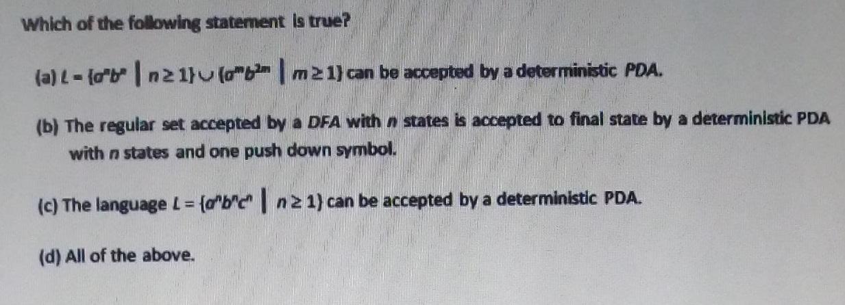 Solved Which of the following statement is true? (a) L= {0V | Chegg.com