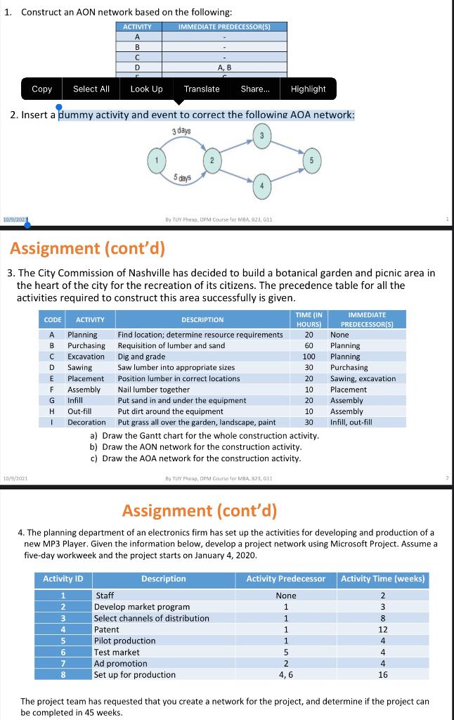 1. Construct an AON network based on the following: | Chegg.com