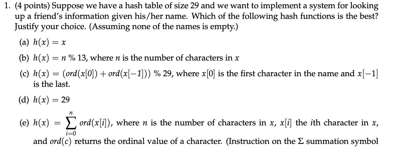 Solved 1. (4 points) Suppose we have a hash table of size 29 | Chegg.com