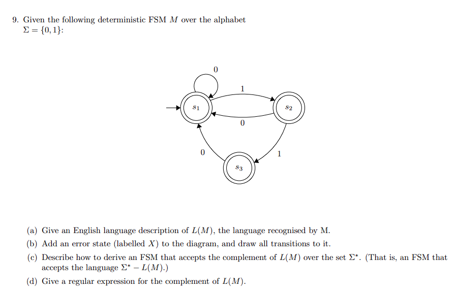 Solved 9. Given the following deterministic FSM M over the | Chegg.com