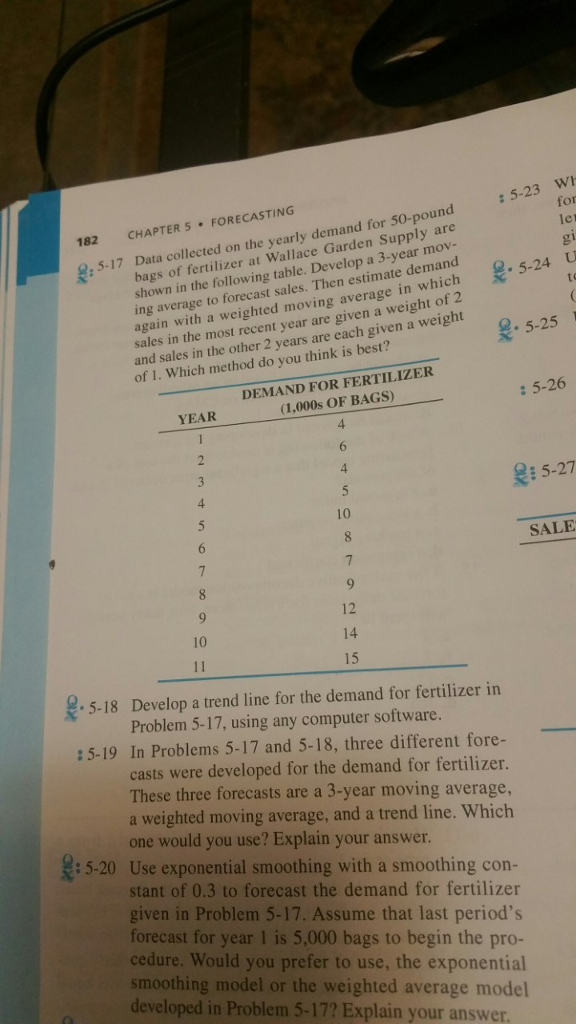 Solved 182 CHAPTER 5 FORECASTING 9: 5-17 Data collected on | Chegg.com