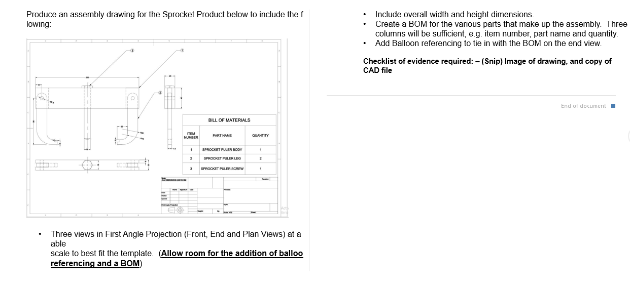 Produce an assembly drawing for the Sprocket Product | Chegg.com