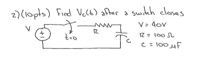 Solved 2) (10pts) Find Vc(t) after a switch clases V=40 | Chegg.com