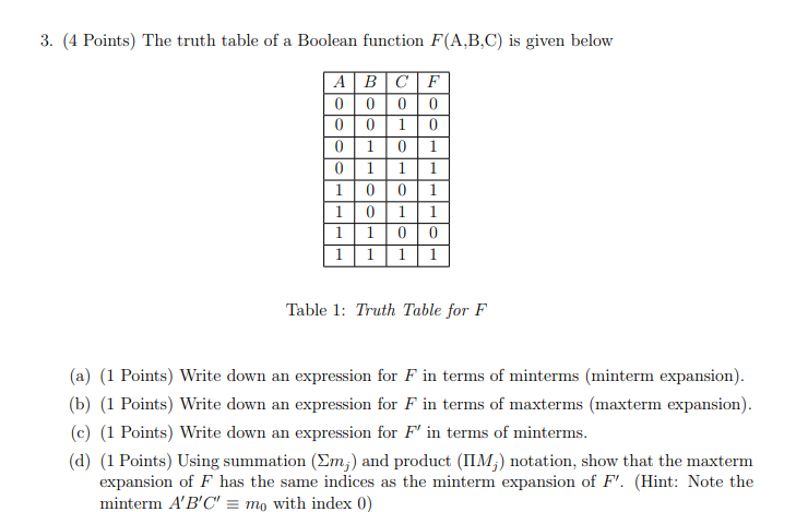 Solved 3. (4 Points) The truth table of a Boolean function | Chegg.com