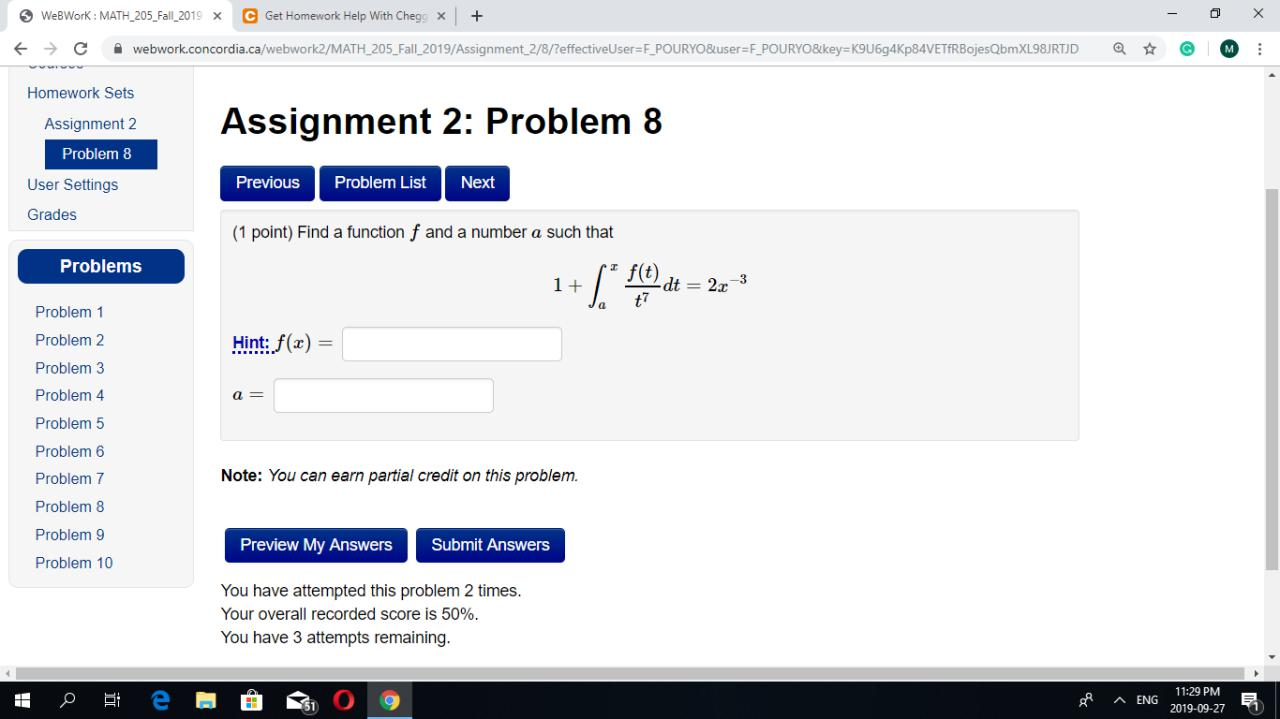 Solved WeBWorK: MATH 205 Fall 2019 C Get Homework Help With | Chegg.com