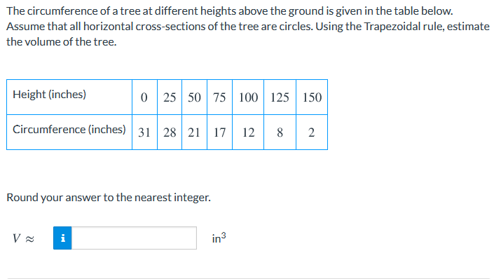 Solved The circumference of a tree at different heights | Chegg.com