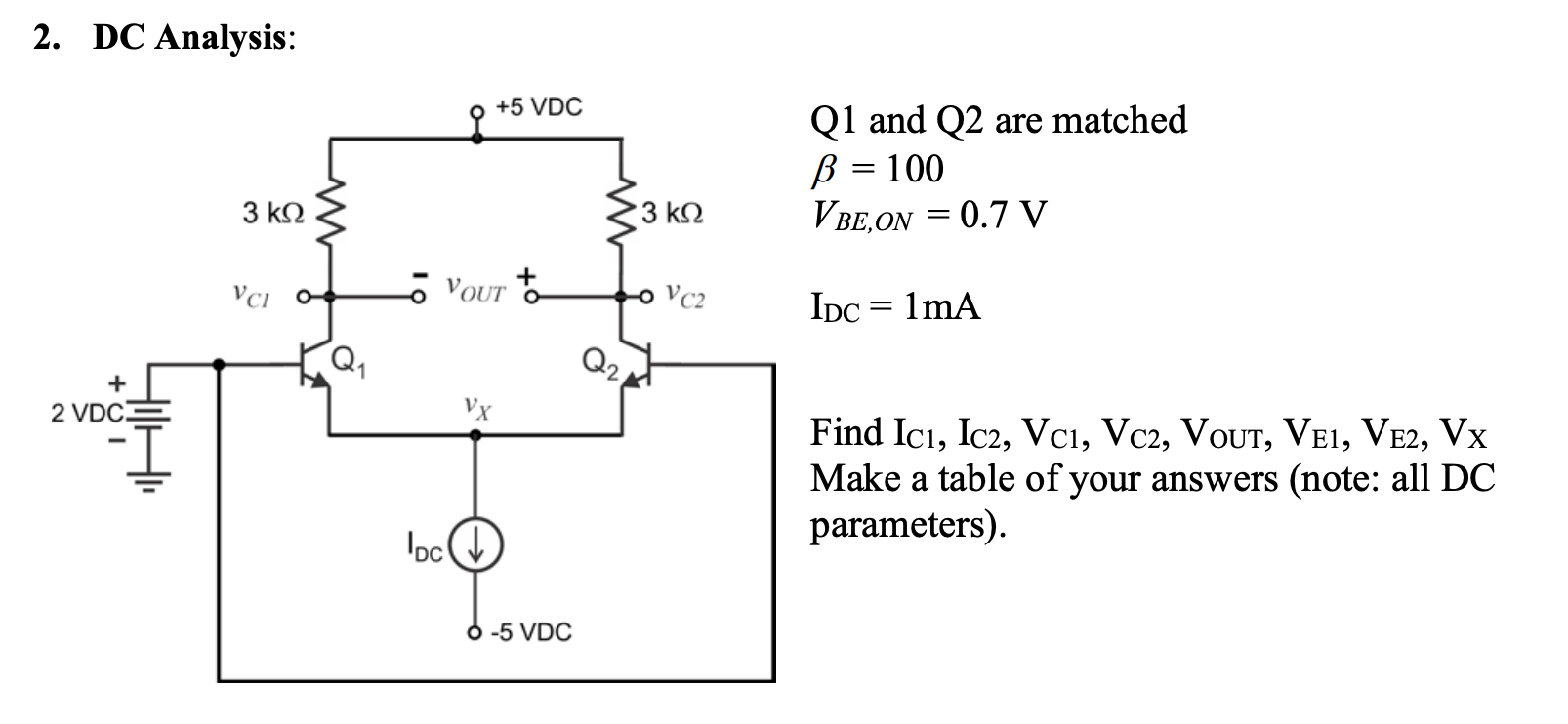 Solved DC Analysis: Q1 and Q2 are matched β = 100 VBE,ON = | Chegg.com