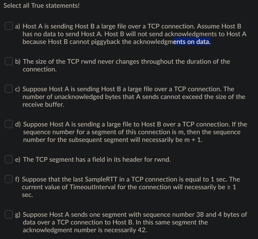 Solved Select all True statements! a) Host A is sending Host | Chegg.com
