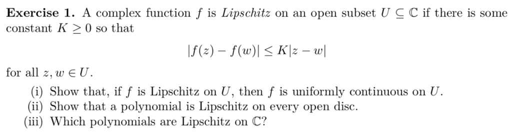 Solved Exercise 1. A complex function f is Lipschitz on an | Chegg.com